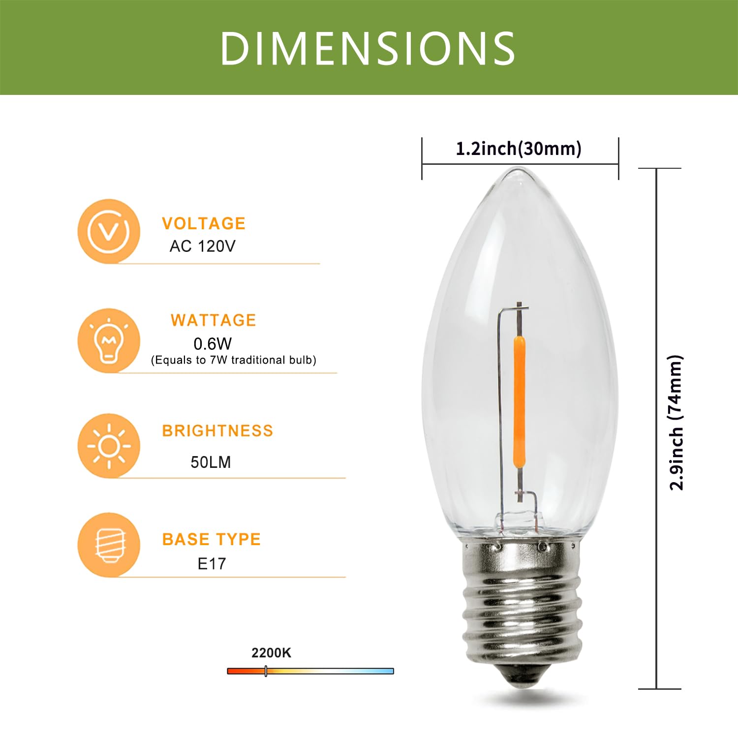 MEILUX Waterproof C9 Replacement LED Light Bulbs –0.6W Equivalent to 7W, White Warm 2200K Outdoor String Lights E17 Base LED Light Bulbs, Clear Plastic, 25Pack