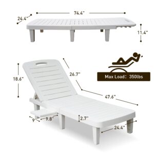 Vilobos White Patio Lounge Chairs Set of 2, Outdoor Chaise Lounge with Tray, Adjustable Backrest, Easy Assembly Waterproof Plastic Pool Chaise Lounge, Lightweight for Poolside, Beach, Patio,Yard