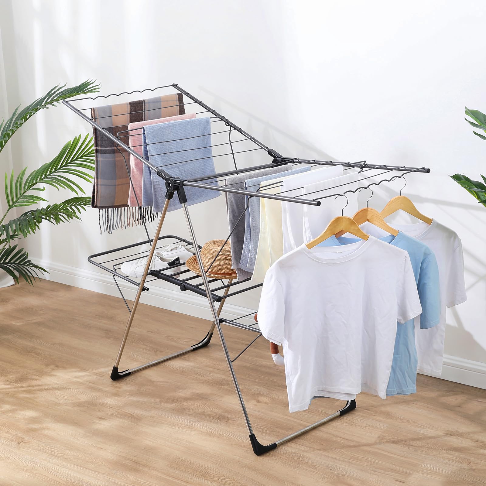 APEXCHASER Clothes Drying Rack, Foldable 2-Level Laundry Racks for Drying Clothes Rack, with Height-Adjustable Wings, Indoor/Outdoor Portable Dryer for Clothing and Towels