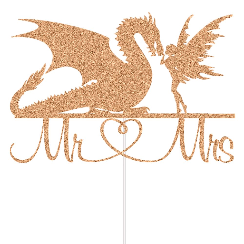 Dragon and Fairy Cake Topper, Wedding Cake Decors, Mr & Mrs, Bride and Groom, Rose Gold Glitter Party Decorations for Engagement/Bridal Shower