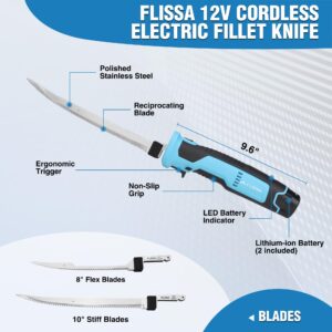 FLISSA Cordless Electric Fillet Knife for Fish with 8" and 10" Stainless Steel Blades, Rechargeable Electric Knife with Non-Slip Handle, 2 Packs Long Lasting Lithium-ion Battery, Portable Carry Case