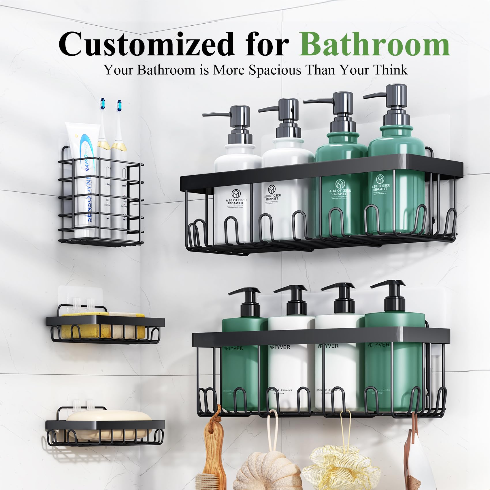 Kitstorack Shower Caddy, 5 Pack Adhesive Shower Organizer with 28 Hooks Wall Shampoo Holder for Bathroom Storage & Kitchen, Rustproof Large Shower Caddy Shelf Organizer Rack, Black