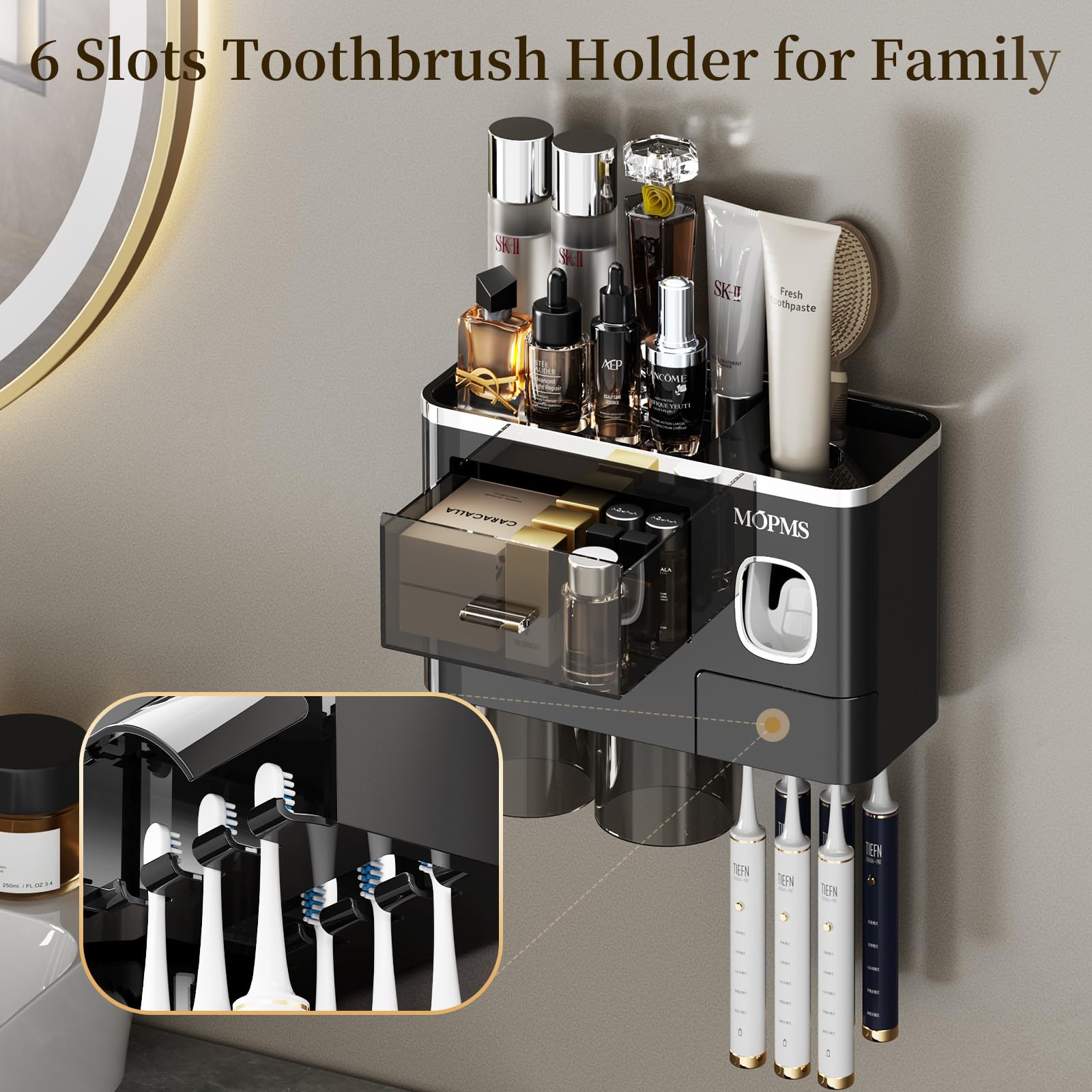 MOPMS Toothbrush Holders, Wall Mounted Toothbrush for Bathroom, Automatic Toothpaste Dispenser Squeezer with Magnetic Cups, Tooth Brushing Holder Drawer Storage Organizer Space Saver-2 Cups Black