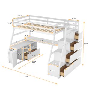 Harper & Bright Designs Twin Loft Bed with Stairs and Desk, Solid Wood Loft Bed Frame with Storage 7 Drawers 2 Shelves, for Kids Teens Adults (White)