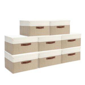 8 pack decorative storage bins containers fabric bins with lids storage baskets bulk for shelves drawers, desktop, closet, playroom, classroom, office, bedroom, (15inx10inx10in, beige/white)