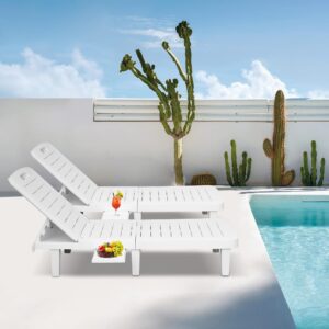 vilobos white patio lounge chairs set of 2, outdoor chaise lounge with tray, adjustable backrest, easy assembly waterproof plastic pool chaise lounge, lightweight for poolside, beach, patio,yard