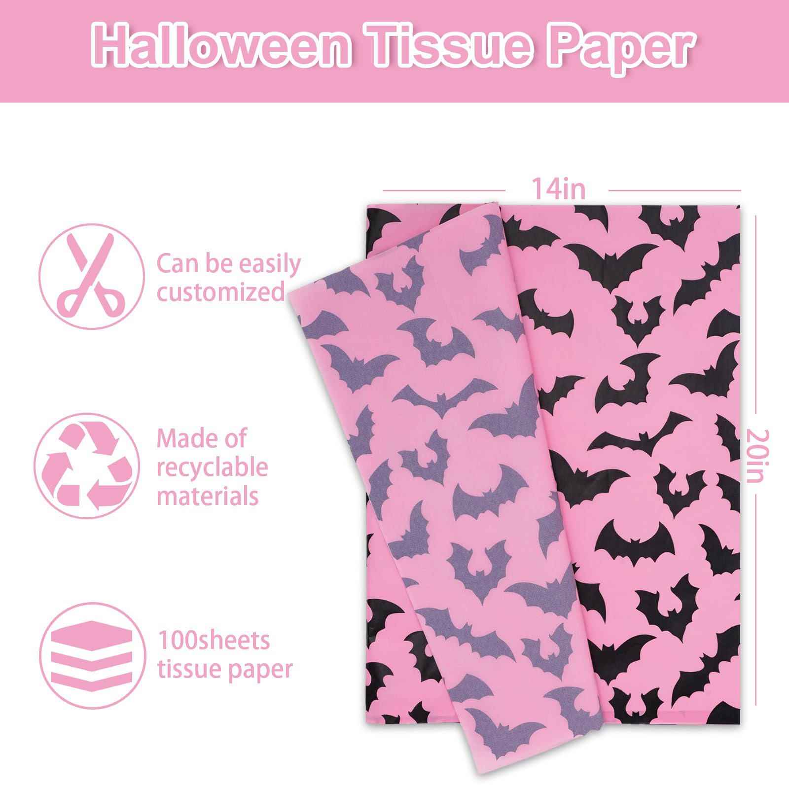 Whaline 100Pcs Pink Bat Tissue Paper Bulk Pink Wrapping Paper Bulk Black Bat Decorative Gift Wrapping Tissue Paper DIY Craft Paper for Halloween, 14 x 20 Inch