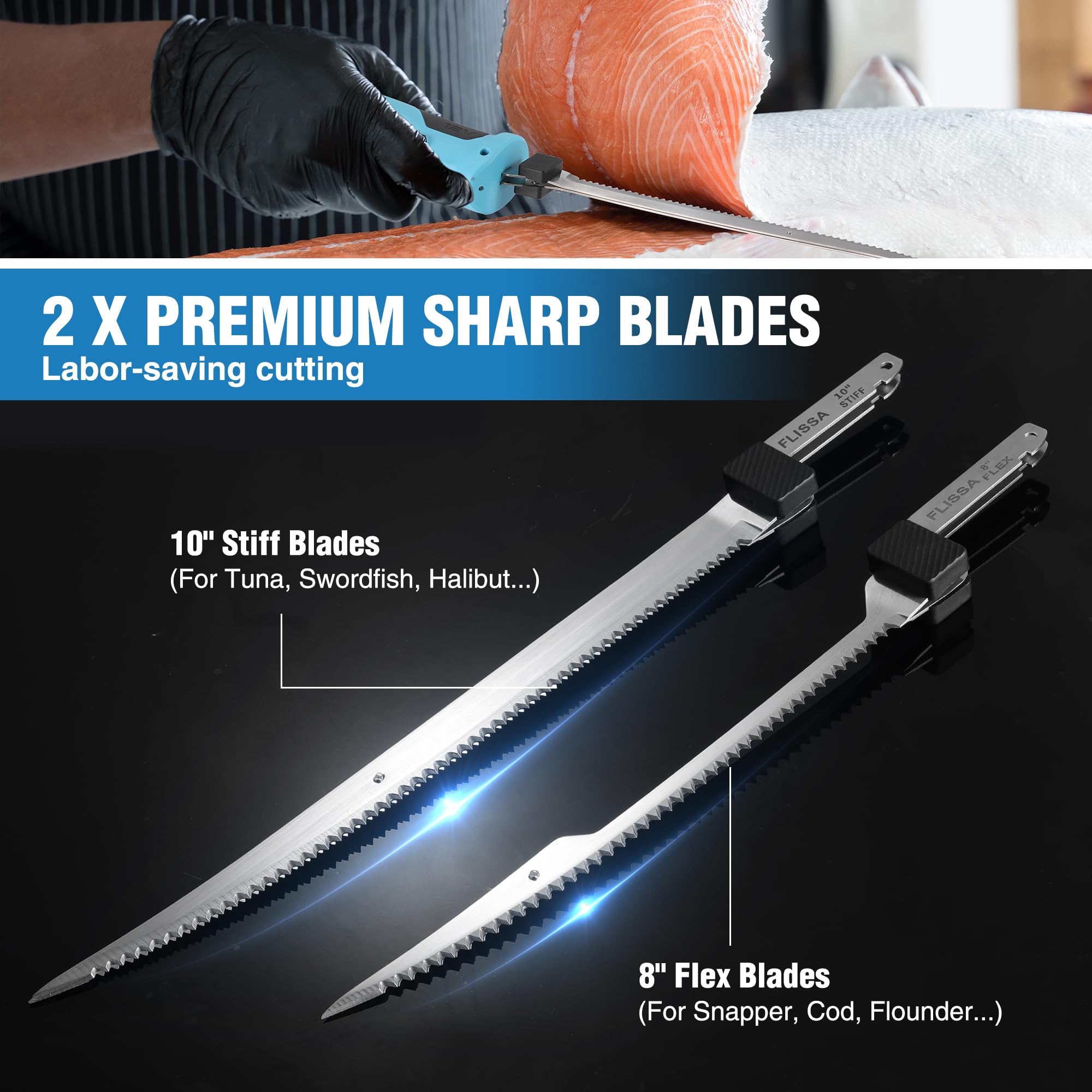 FLISSA Cordless Electric Fillet Knife for Fish with 8" and 10" Stainless Steel Blades, Rechargeable Electric Knife with Non-Slip Handle, 2 Packs Long Lasting Lithium-ion Battery, Portable Carry Case