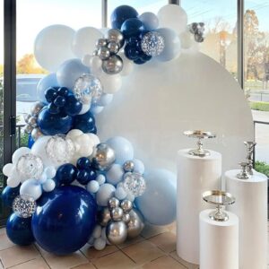 Blue Silver Balloon Garland Arch Kit, 117 Packs Metallic Blue Silver Confetti Latex Balloons 18 12 10 5 Inch for Baby Shower Birthday Wedding Graduation Anniversary Bridal Shower Party Decorations