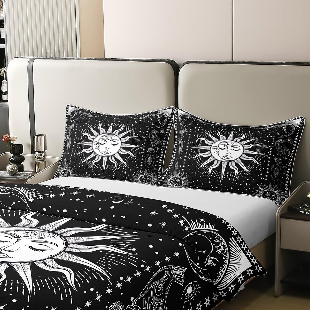 Erosebridal 100% Cotton Sun and Moon Duvet Cover,Psychedelic Mystic Galaxy Bedding Set Queen,Starry Sky Comforter Cover,Bohemian Constellation Stars Bed Sets with 1 Pillow Sham,White Black