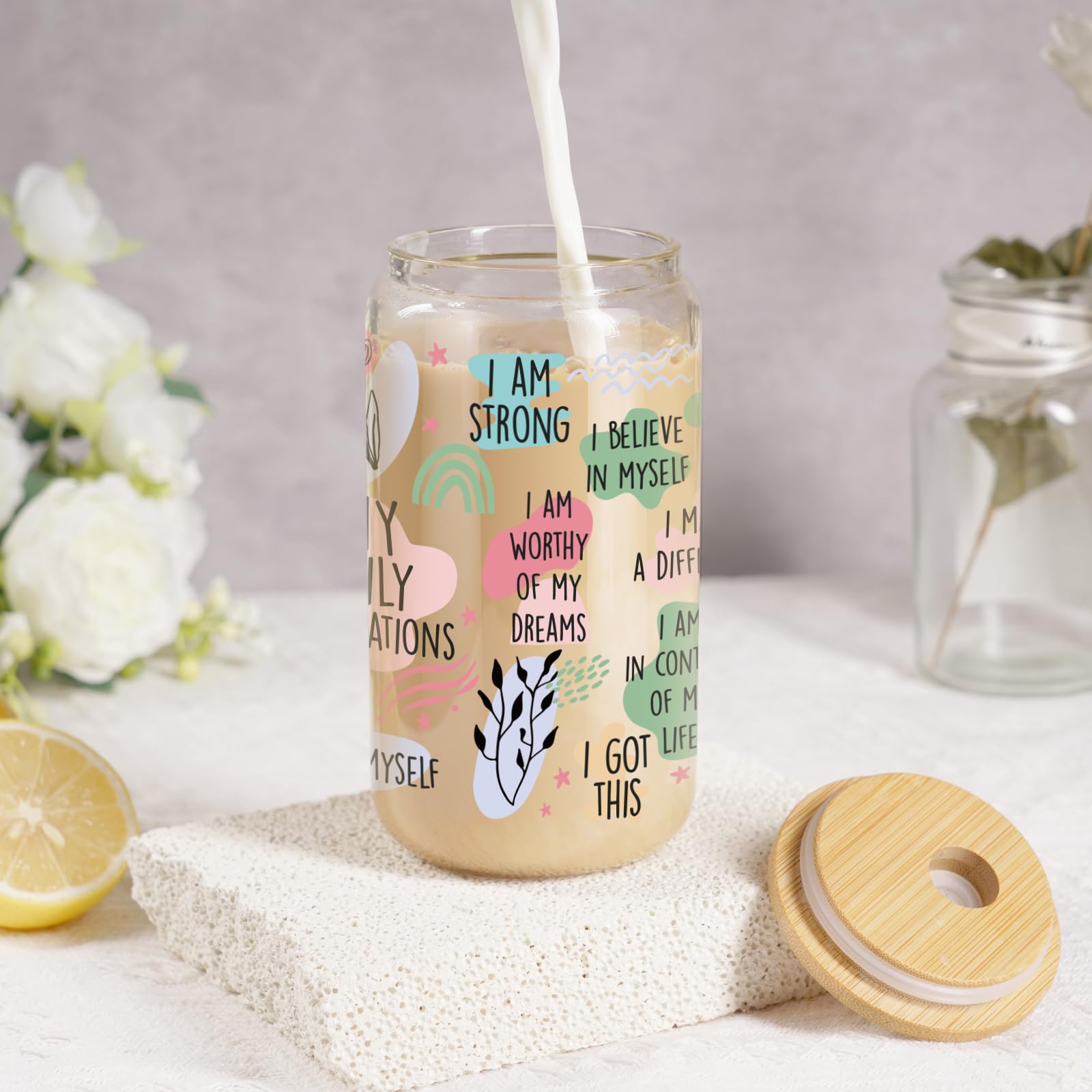 LEADO My Daily Affirmations Cups, 16 oz Glass Cups with Lids and Straws - Mental Health Gifts, Mindfulness Gifts, Inspirational Gifts for Women, Christmas, Birthday Gifts for Female Friends