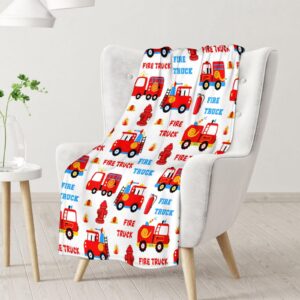 Fire Truck Blanket - Soft, Fuzzy & Warm - 40x50 Inches Small Throw Blankets for Couch, Sofa - White Cute Throw Gift for Girls, Boys