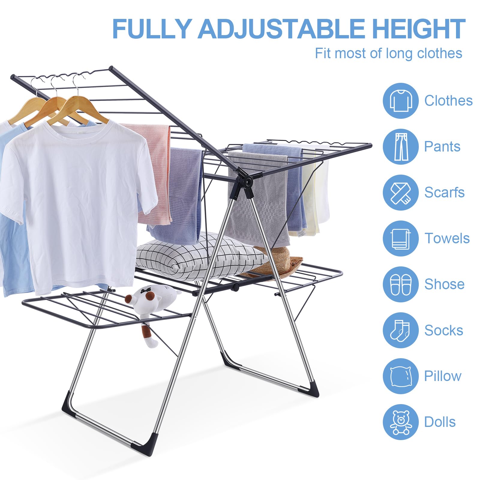 APEXCHASER Clothes Drying Rack, Foldable 2-Level Laundry Racks for Drying Clothes Rack, with Height-Adjustable Wings, Indoor/Outdoor Portable Dryer for Clothing and Towels