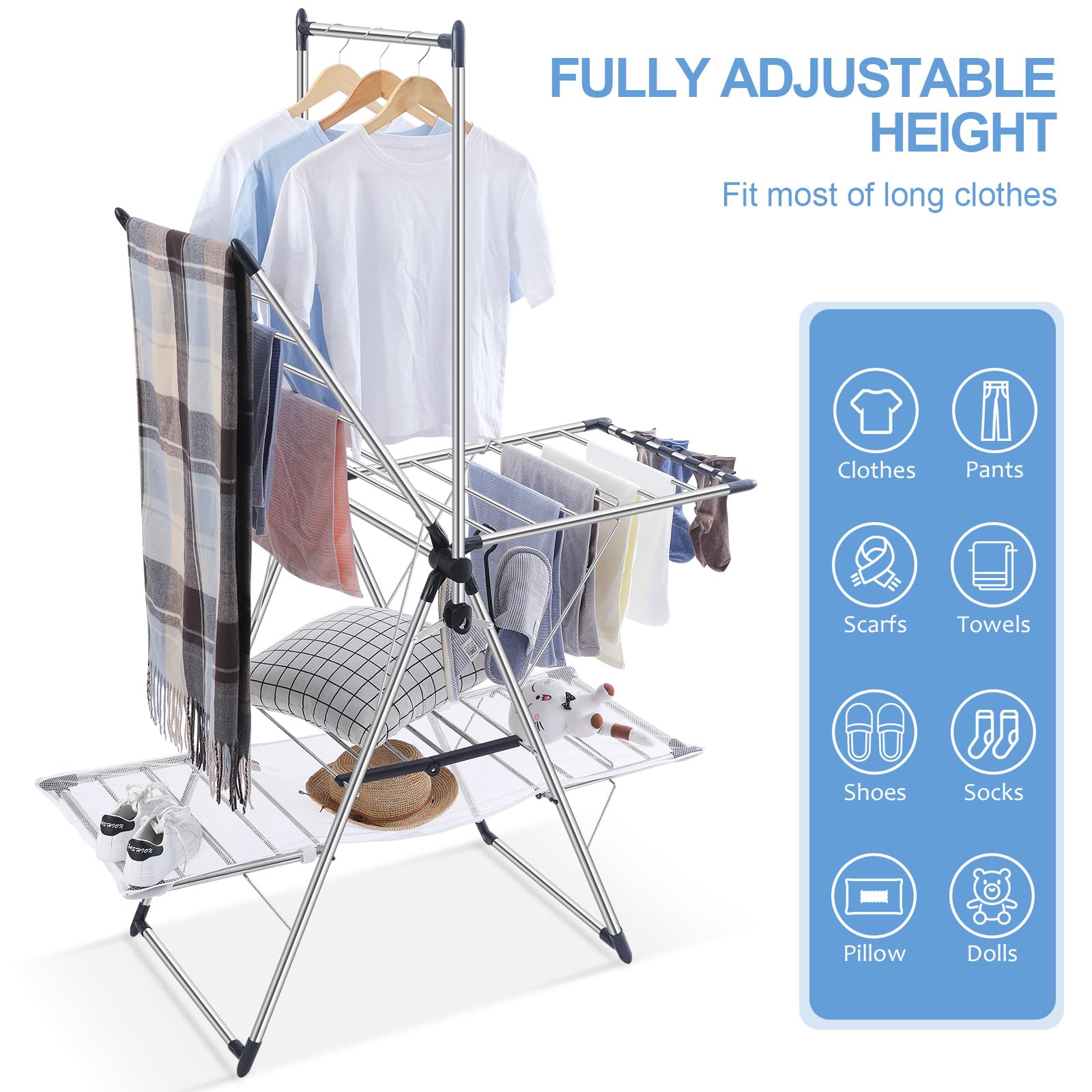 APEXCHASER Clothes Drying Rack, Foldable 2-Level Drying Racks with High Hanger, Metal Laundry Stand with Height-Adjustable Gullwings