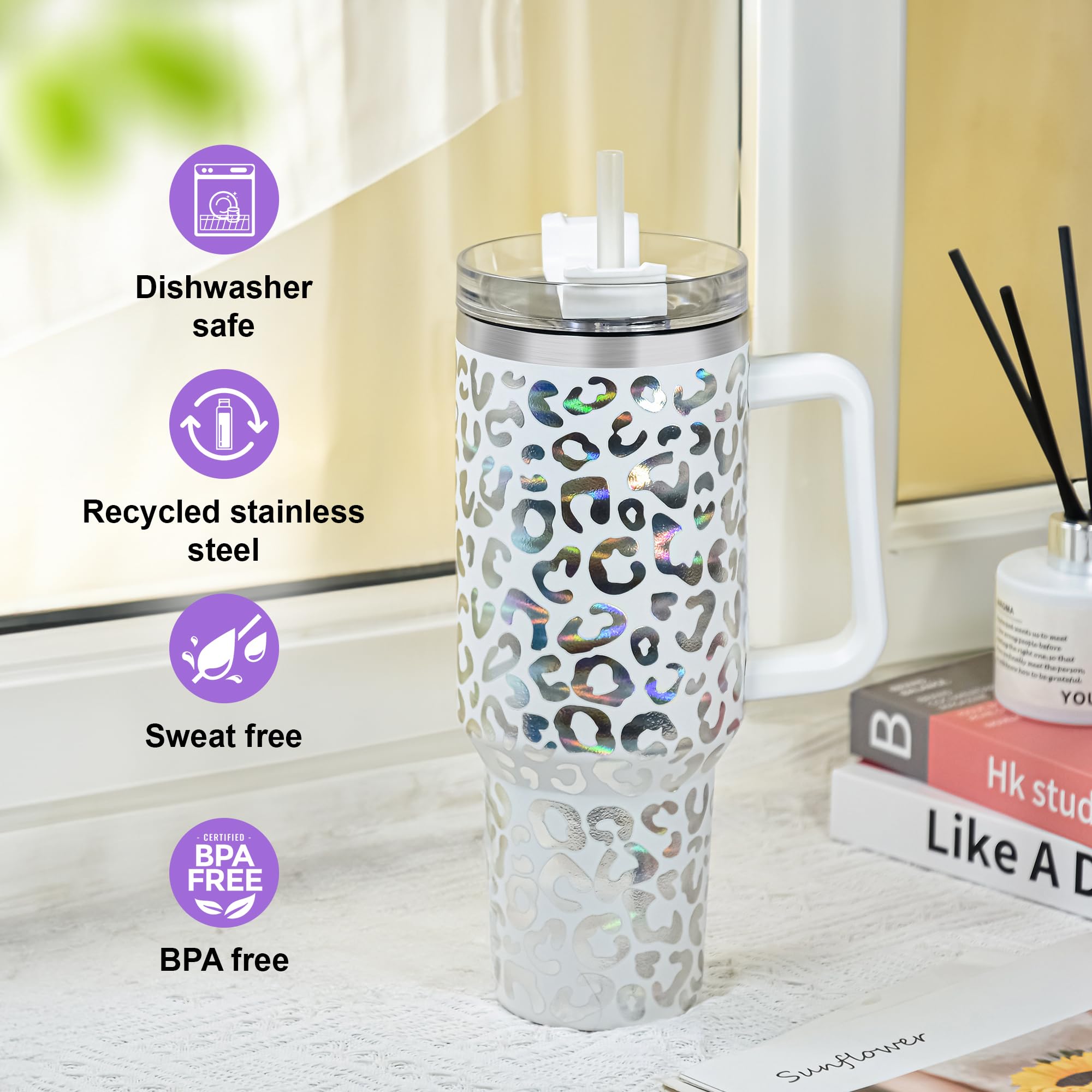 FECBK 40 oz Tumbler with Handle and Straw, 100% Leak-Proof Travel Mug, Stainless Steel Double Wall Vacuum Insulated Coffee Cup Keeps Cold For 34 Hours, Dishwasher Safe, Purple Leopard