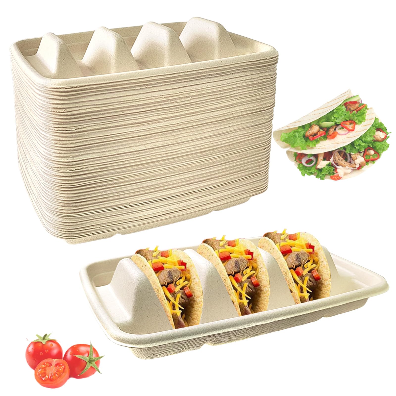 50PCS Disposable Taco Holder for Party，Disposable Taco Plates with 3 Dividers Disposable Taco Holders for Party, Taco Tray Holder, Pulp Fiber Plates Disposable for Taco Tuesday Lazy Susan Taco Bar