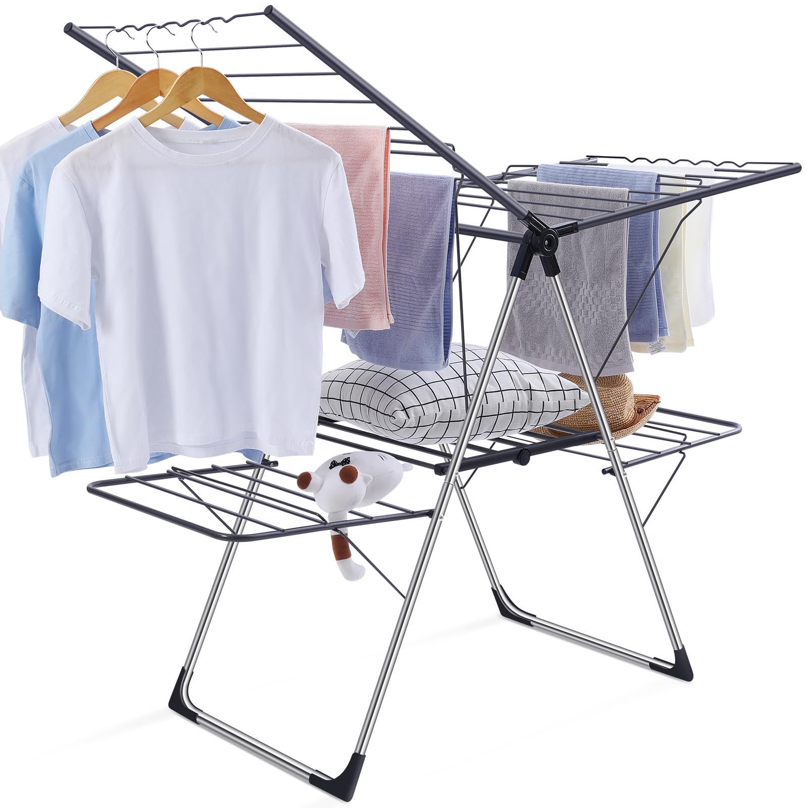 APEXCHASER Clothes Drying Rack, Foldable 2-Level Laundry Racks for Drying Clothes Rack, with Height-Adjustable Wings, Indoor/Outdoor Portable Dryer for Clothing and Towels