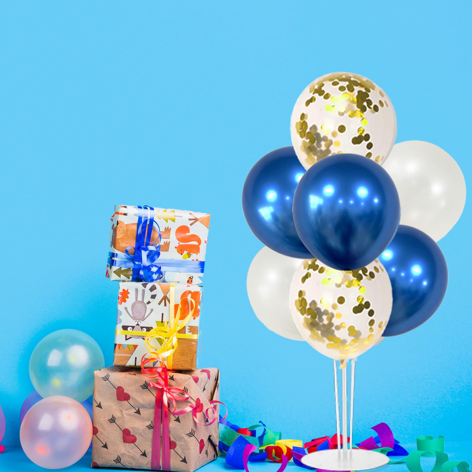 RUBFAC 4 Set Balloon Stand, Blue White and Gold Balloon Centerpieces for Tables, Clear Table Balloon Holder Blue White and Gold Party Decorations for Birthday Wedding Graduation Baby Shower