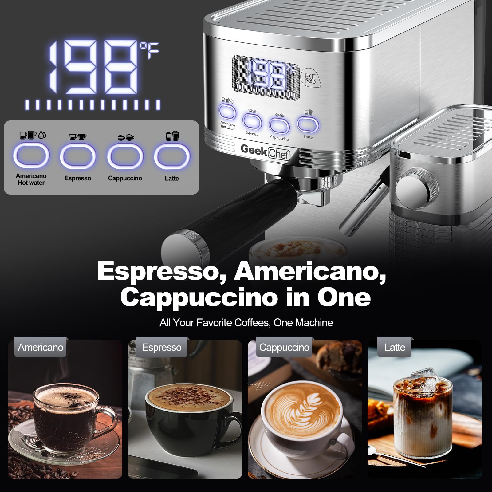 Geek Chef Espresso and Cappuccino Machine with Automatic Milk Frother, Stainless Steel Espresso Coffee Machine with Removable Water Tank, Prefect Gift for Dad Mom