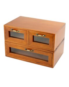 qwork wooden box organizer, wood desktop storage cabinet with 3 drawers, dark brown