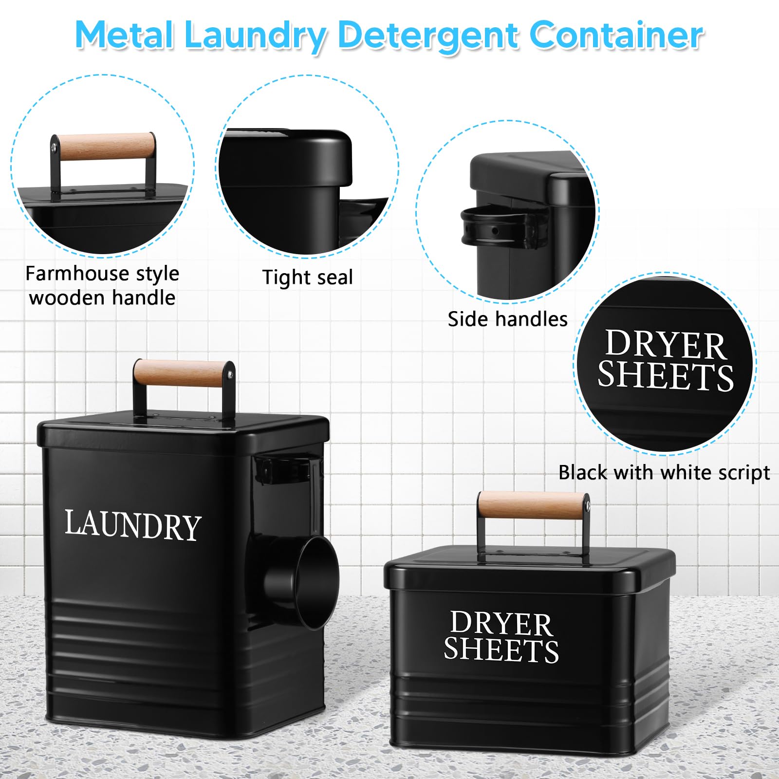 Metal Laundry Powder Container with Dryer Sheet Holder Modern Farmhouse Laundry Detergent Container with 1 Spoon Fabric Softener Dispenser with Lid for Space Saving Room Organization and Decor