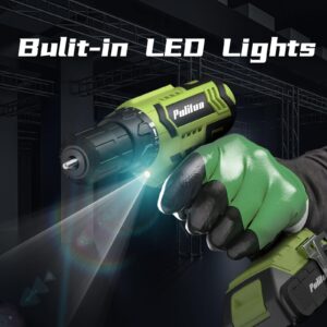 PULITUO Cordless Drill Set - 20V Electric Power Drill with Battery and Charger, 30N Torque, 21+1 Torque Settings, 2 Variable Speeds, includes a 43-pcs Drill Driver Bits Kit and Screws Set (Green)