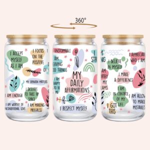 LEADO My Daily Affirmations Cups, 16 oz Glass Cups with Lids and Straws - Mental Health Gifts, Mindfulness Gifts, Inspirational Gifts for Women, Christmas, Birthday Gifts for Female Friends