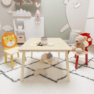 Zacis Kids Table and Chair Set, Wooden Toddler Table Set with 2 Chairs, Children Adorably Animal Activity Table for Reading, Drawing, Eating, Studying, Parent-Child Interaction Activity Play