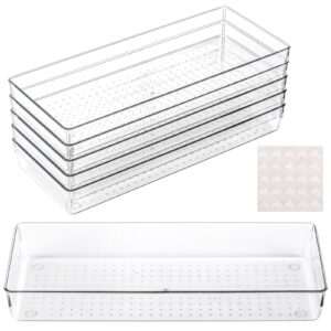 6 pcs large clear plastic drawer organizers tray 15" x 6.3" storage bins with 25 pcs non-slip pads for makeup, jewelries, kitchen utensils, bathroom and office