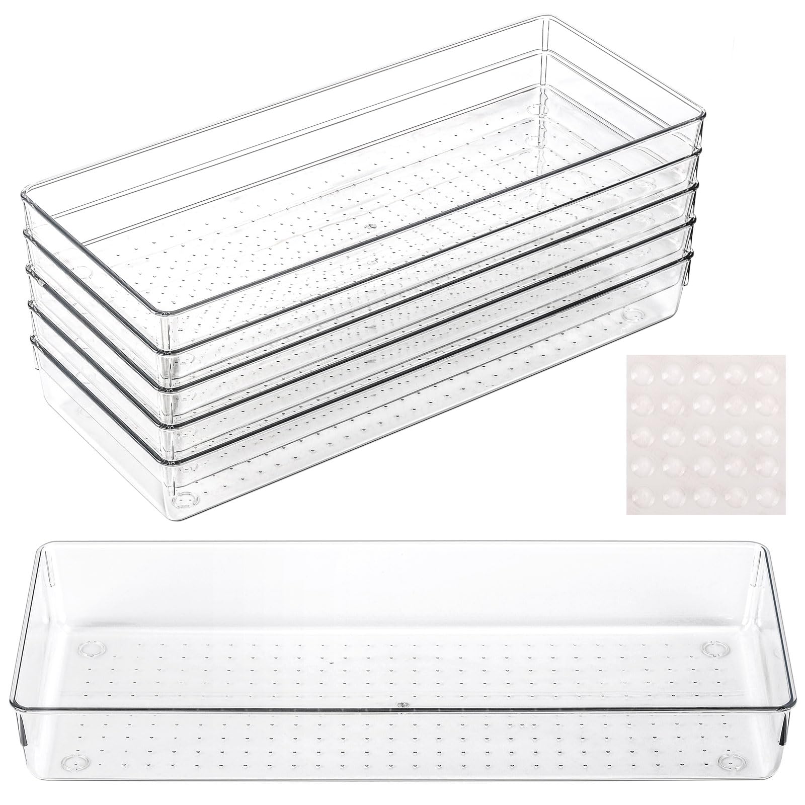 6 Pcs Large Clear Plastic Drawer Organizers Tray 15" x 6.3" Storage Bins with 25 Pcs Non-Slip Pads for Makeup, Jewelries, Kitchen Utensils, Bathroom and Office