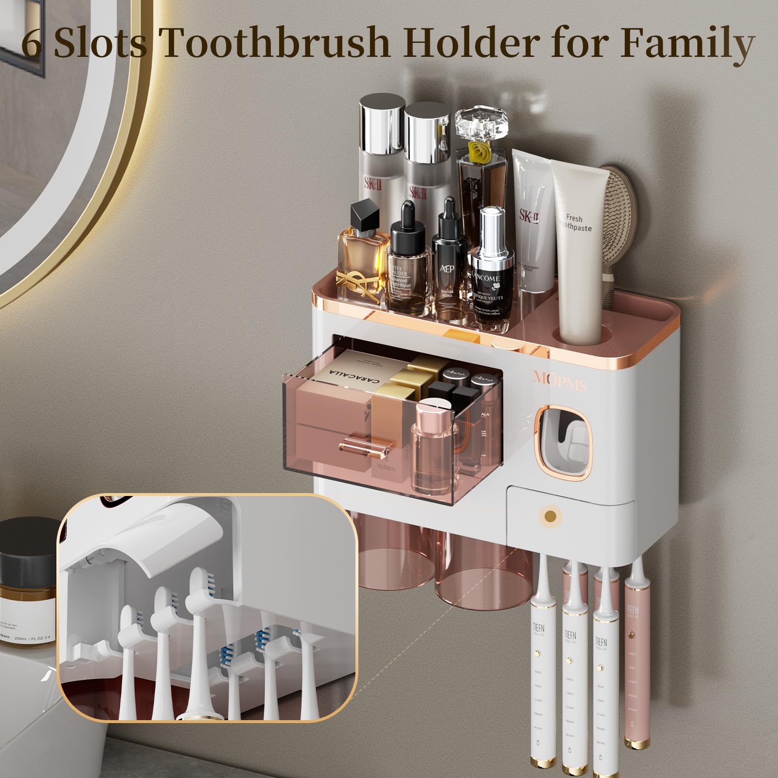 MOPMS Toothbrush Holders, Wall Mounted Toothbrush for Bathroom, Automatic Toothpaste Dispenser Squeezer with Magnetic Cups, Tooth Brushing Holder Drawer Storage Organizer Space Saver-2 Cups White