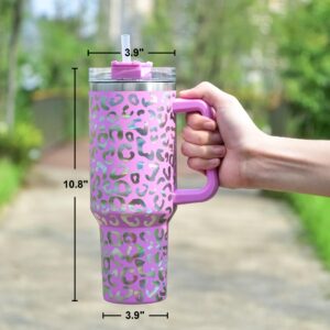 FECBK 40 oz Tumbler with Handle and Straw, 100% Leak-Proof Travel Mug, Stainless Steel Double Wall Vacuum Insulated Coffee Cup Keeps Cold For 34 Hours, Dishwasher Safe, Purple Leopard