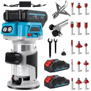 cordless compact wood router tool - 6 speeds adjustable electric hand woodworking trimmer palm router kit with 15 pcs router bits, 2pcs 4.0ah batteries