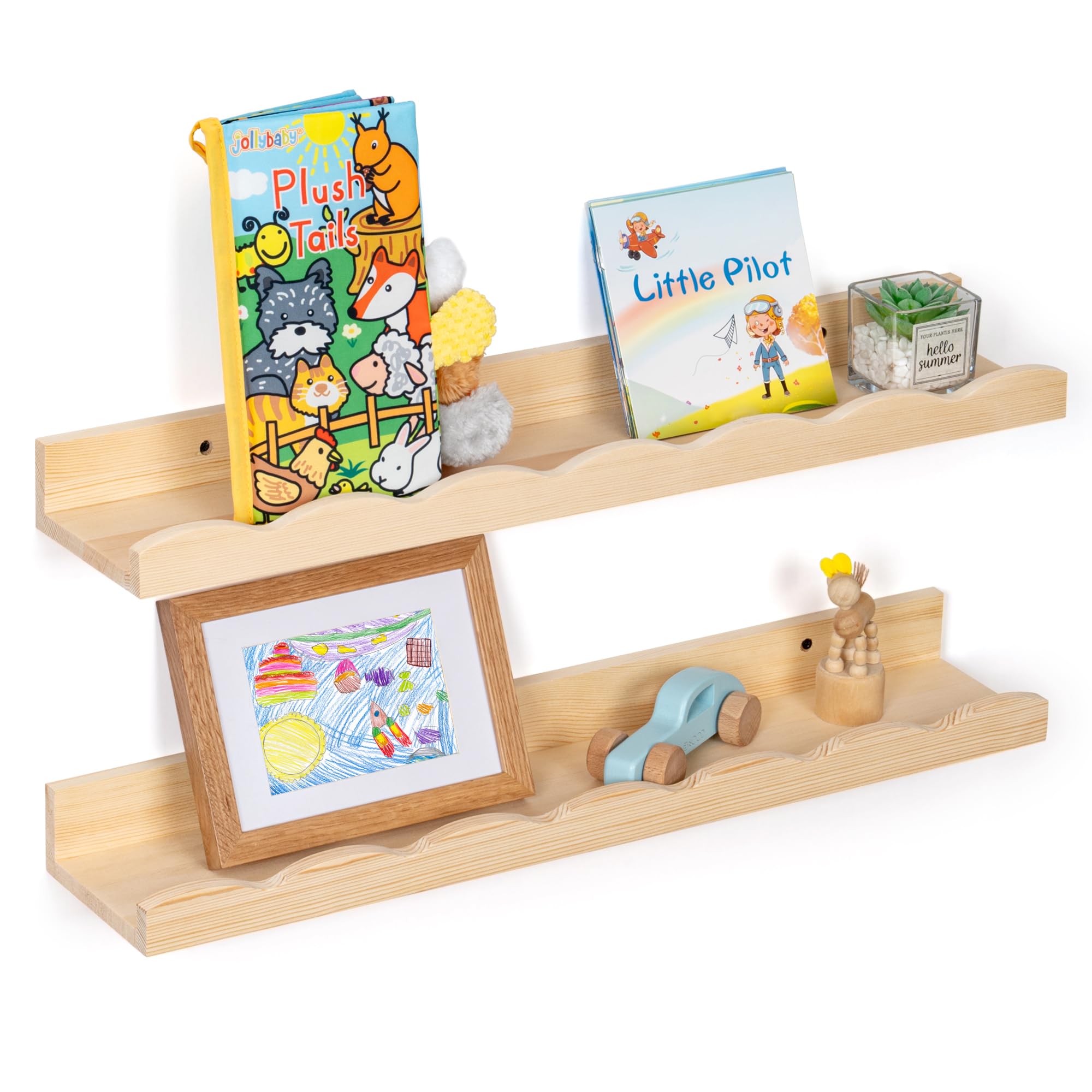 Fun Memories Picture Ledge Shelf for Wall, 24 inch Pine Wood Nursery Book Shelves Set of 2- Wall Book Shelves for Kids Room, Home Decor - Kitchen Spice-Natural