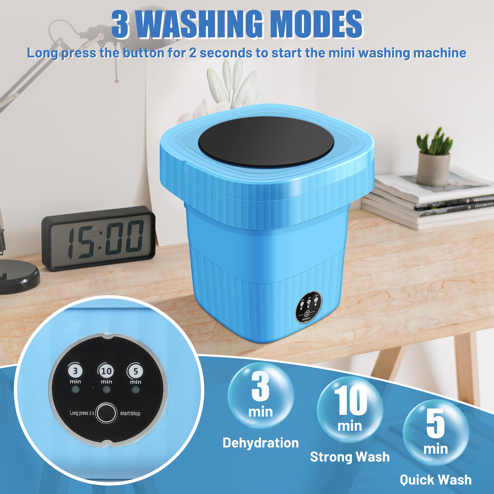 Caroeas Portable Washing Machine, 6.5L Foldable Mini Washing Machine and Dryer Combo with 3 Modes, Small Portable Washer for Laundry, Apartments, Dorm, Camping, RV and Travel, Blue