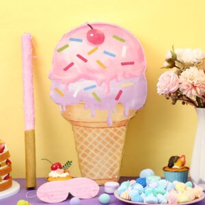 Ice Cream Piñata Ice Cream Cone Shaped Piñata with Stick Blindfold for Ice Cream Birthday Party Summer Candy Party Baby Shower Wedding Party Supplies Decor, 15.8 x 9.5 Inch(Pink, Purple)