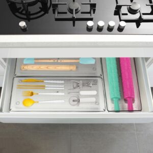 6 Pcs Large Clear Plastic Drawer Organizers Tray 15" x 6.3" Storage Bins with 25 Pcs Non-Slip Pads for Makeup, Jewelries, Kitchen Utensils, Bathroom and Office