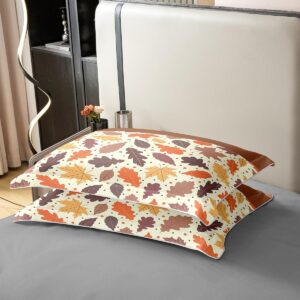 Watercolor Leaves 100% Natural Cotton Duvet Cover Queen Size Cartoon Fall Leaves Rustic Style Comforter Cover with 2 Pillowcases Brown Grid Stripe Autumn Bedding Set 3 Pcs Bed Cover