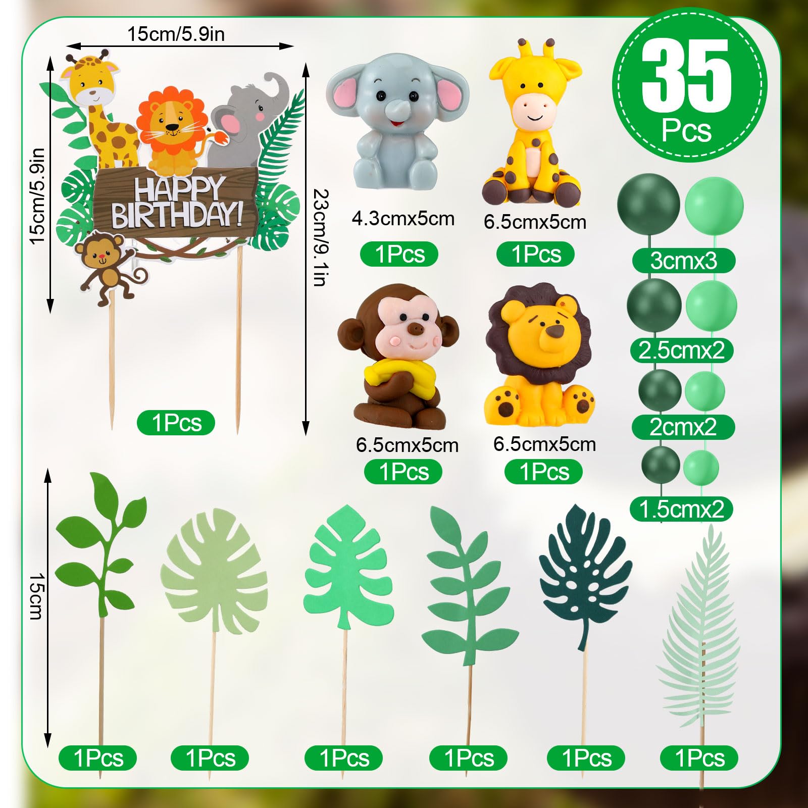 Marsui 36 Pcs Safari Cake Topper Leaves Cake Decorations Elephant Birthday Cake Toppers Jungle Animals Cakes Toppers Woodland Animal Tiger Lion for Party Baby Shower Birthday Supplies