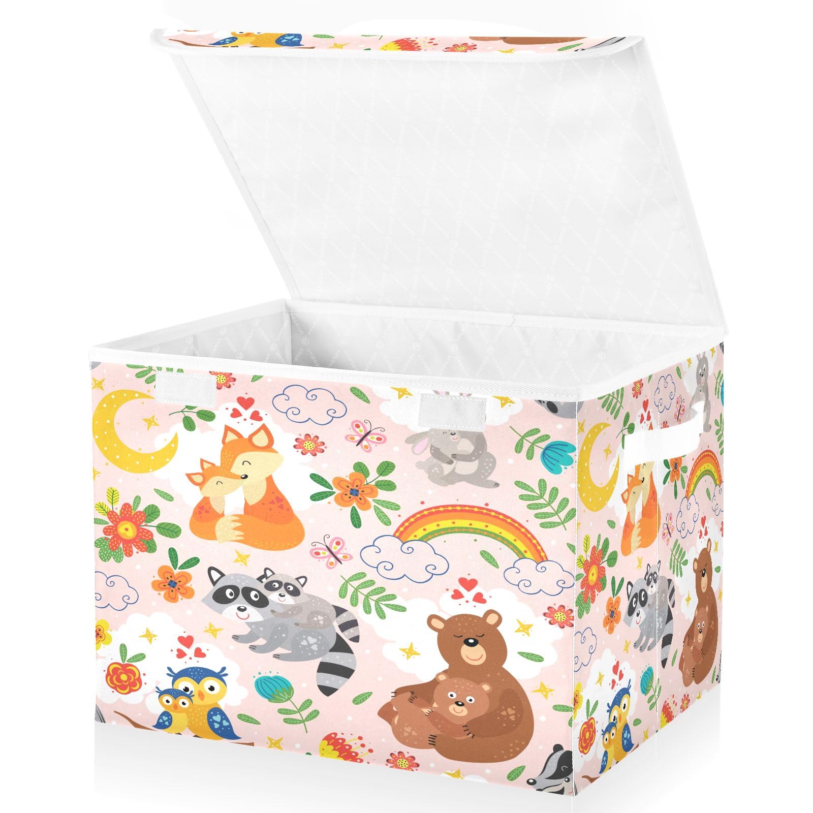 Lidded Home Storage Bins Cute Bunny in The Garden Pattern Double Handle Foldable Storage Basket Flip-Top Storage Box for Toys Clothes Documents