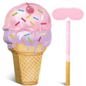 ice cream piñata ice cream cone shaped piñata with stick blindfold for ice cream birthday party summer candy party baby shower wedding party supplies decor, 15.8 x 9.5 inch(pink, purple)