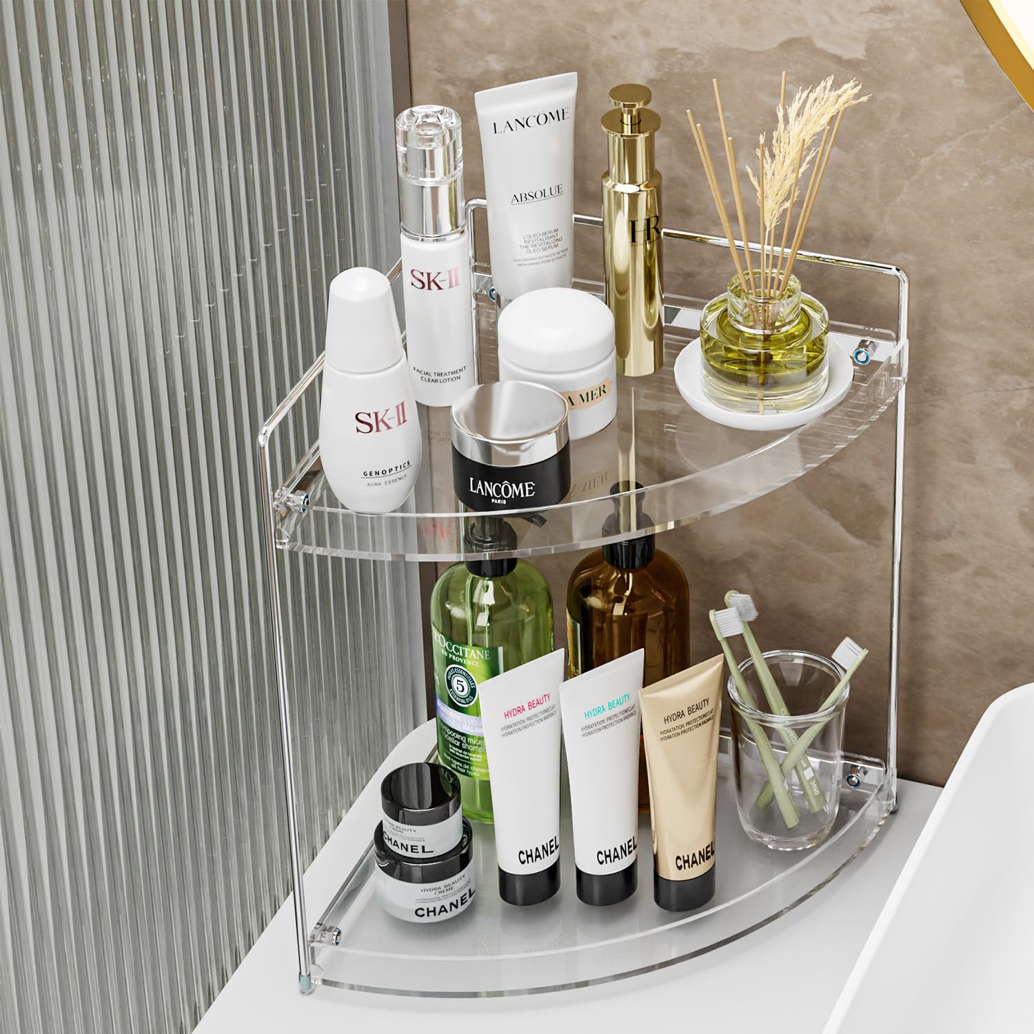 KINGBERWI 2 Tier Corner Makeup Organizer for Vanity, Acrylic Bathroom Countertop Organizer, Clear Skincare Perfume Tray Organizers and Storage Shelf