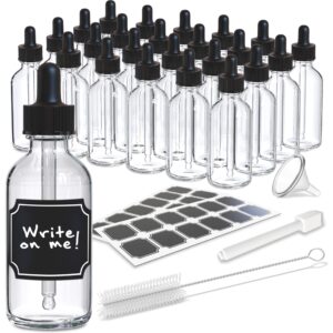 nevlers 24 pk clear glass dropper bottle 2oz |the essential oil dropper bottle includes droppers for oils, funnel, brush, & marker with labels |leakproof tincture bottles with dropper