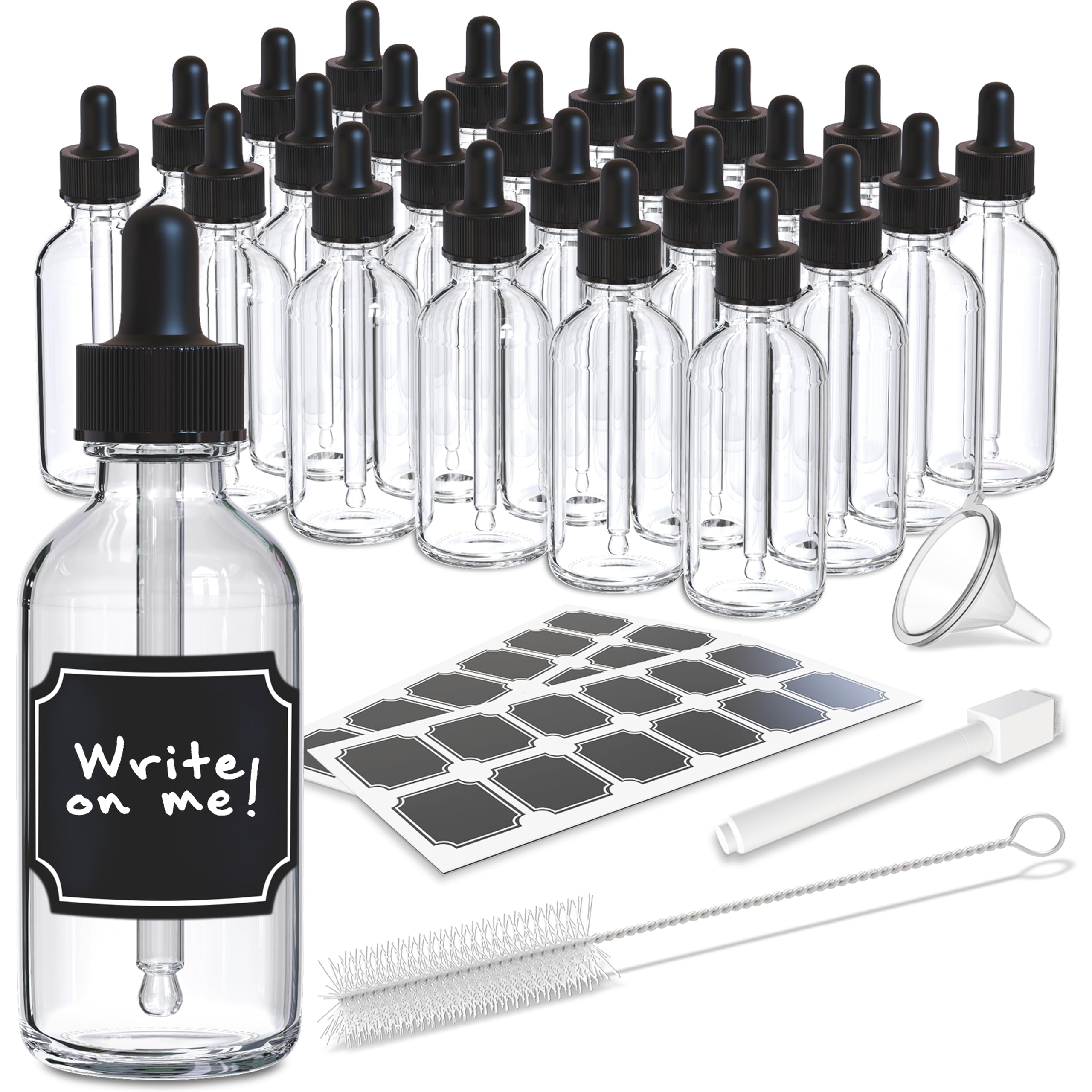 Nevlers 24 PK Clear Glass Dropper Bottle 2oz |The Essential Oil Dropper Bottle Includes Droppers for Oils, Funnel, Brush, & Marker with Labels |Leakproof Tincture Bottles with Dropper