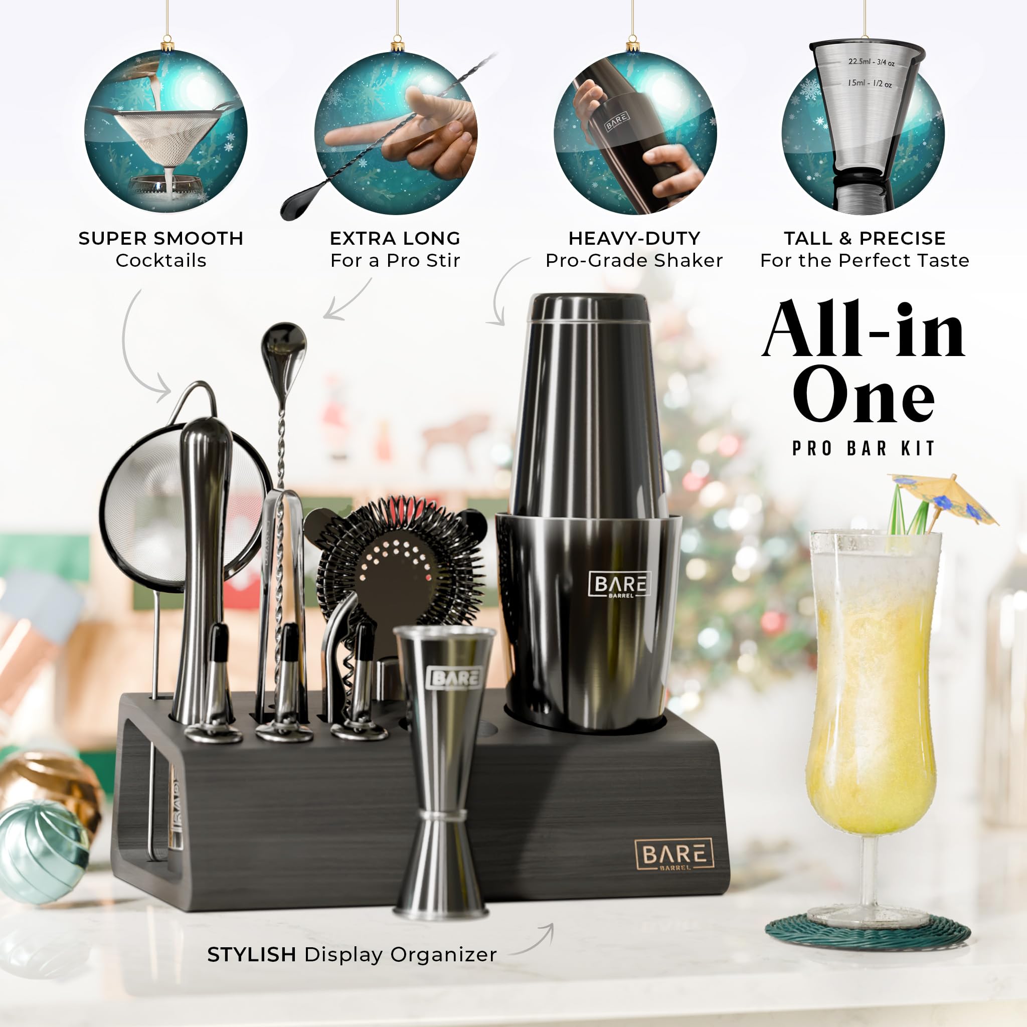 BARE BARREL® Mixology Bartender Kit Bar Set | 14-Piece Cocktail Shaker Set | Martini Barware Mixing Tools for Home Bartending | Incl. 35 Recipe Cards | Gift Set (28oz Boston Shaker, Jet Black/Black)