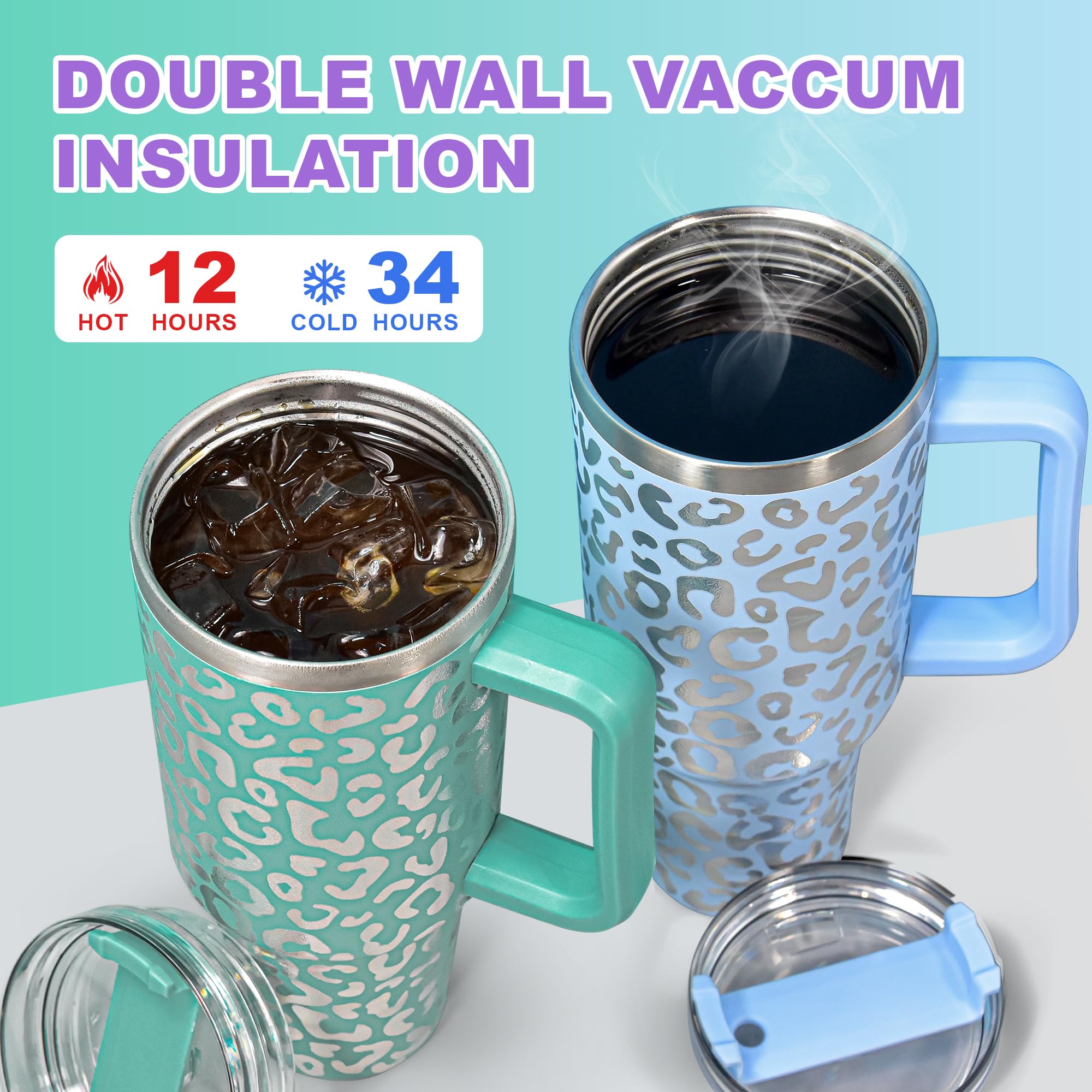 FECBK 40 oz Tumbler with Handle and Straw, 100% Leak-Proof Travel Mug, Stainless Steel Double Wall Vacuum Insulated Coffee Cup Keeps Cold For 34 Hours, Dishwasher Safe, Purple Leopard