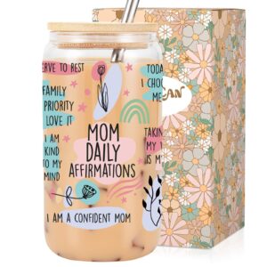 leado mom daily affirmations cups, 16 oz iced coffee cup with lid and straw - mom gifts from daughter, son - birthday, inspirational, christmas gifts for mom, boy mom - mama tumbler, mom cup