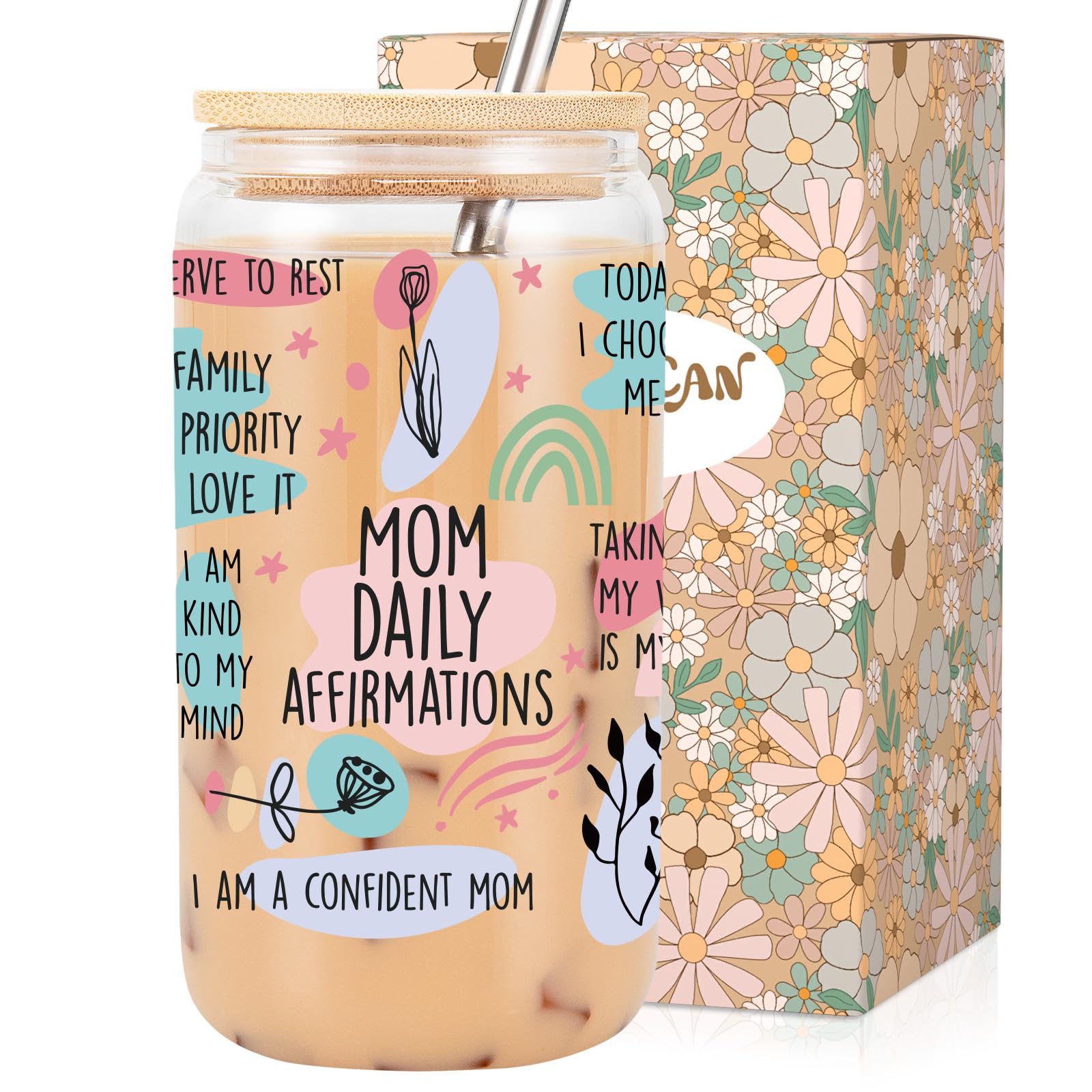 LEADO Mom Daily Affirmations Cups, 16 oz Iced Coffee Cup with Lid and Straw - Mom Gifts from Daughter, Son - Birthday, Inspirational, Christmas Gifts for Mom, Boy Mom - Mama Tumbler, Mom Cup