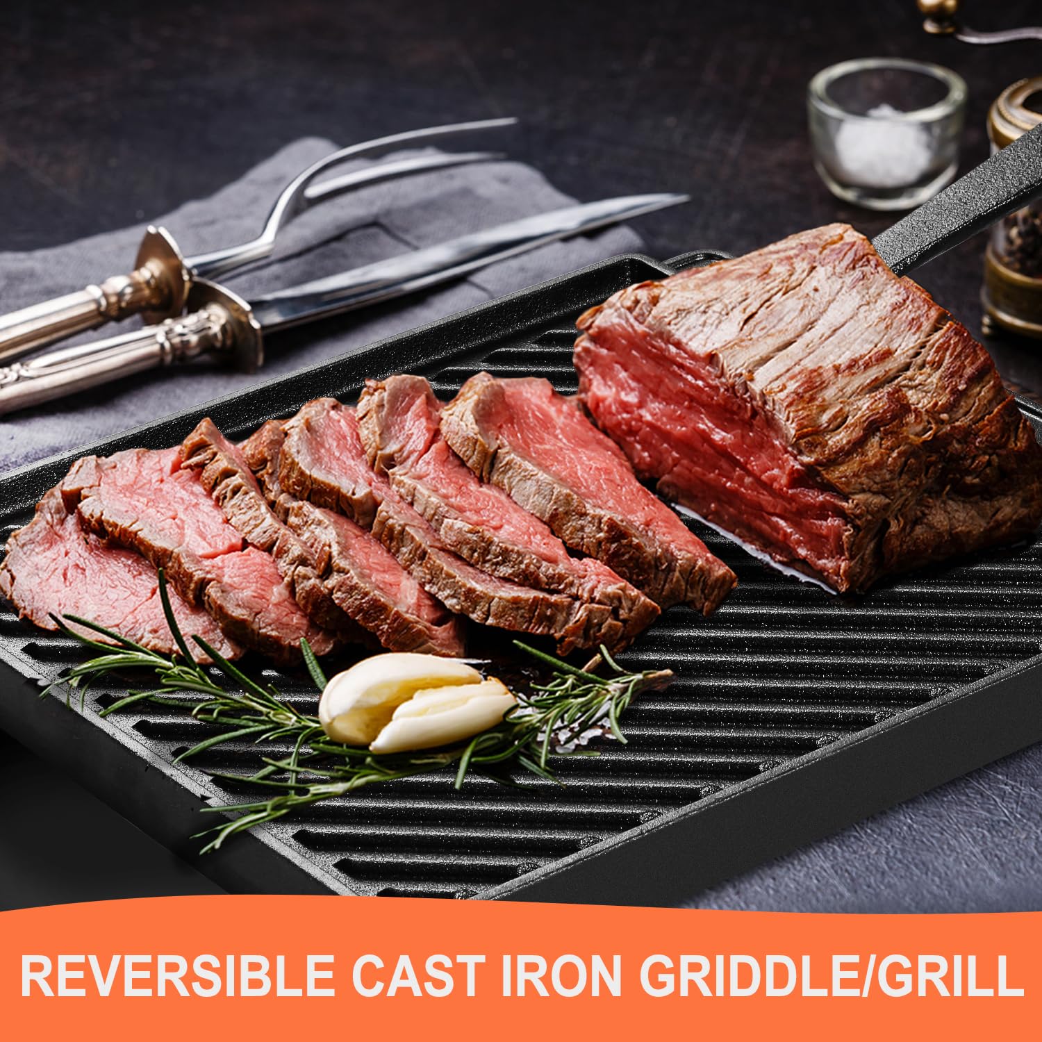 Cast Iron Reversible Grill Plate, Cast Iron Cookware with Removable Handle, Cast Iron Steak Plate Sizzle Griddle, Cast Iron Skillet Pan, Pre-Seasoned Cast Iron Oven Grill Pan (11.6"x12" Rectangular)