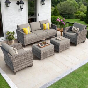 ovios Patio Furniture Set 5-Pieces Outdoor Wicker Sofa Couch with Comfortable Cushions Rattan Conversation Set for Backyard Deck Porch, Dark Grey